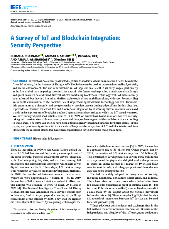 (PDF) A Survey of IoT and Blockchain Integration: Security Perspective