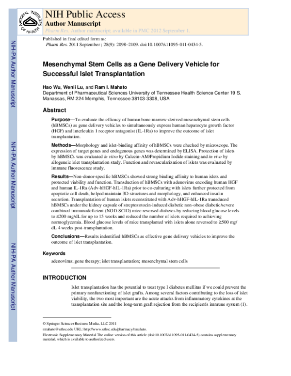 (PDF) Mesenchymal Stem Cells as a Gene Delivery Vehicle for Successful Islet Transplantation