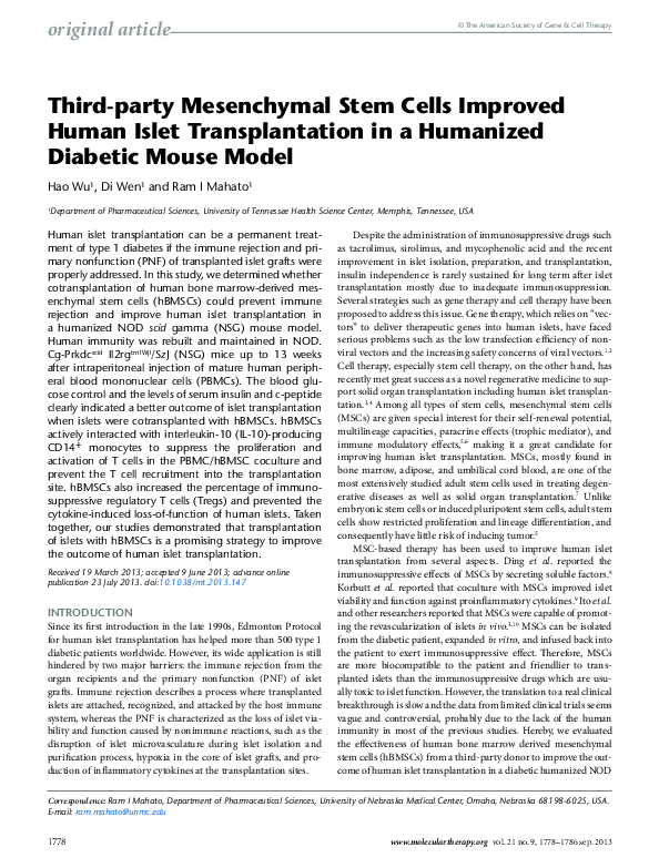 (PDF) Third-party Mesenchymal Stem Cells Improved Human Islet ...