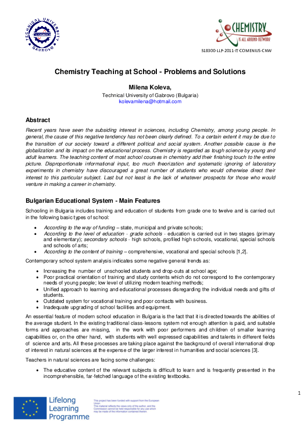 (PDF) Chemistry Teaching at School - Problems and Solutions | Milena ...