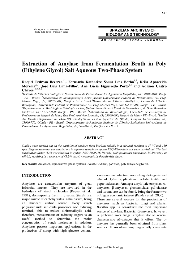 (PDF) Extraction of amylase from fermentation broth in poly (Ethylene ...