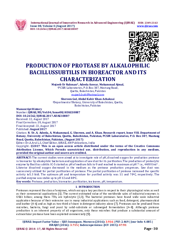 (PDF) Production of Protease by Alkalophilic Bacillussubtilis in Bioreactor and Its Characterization