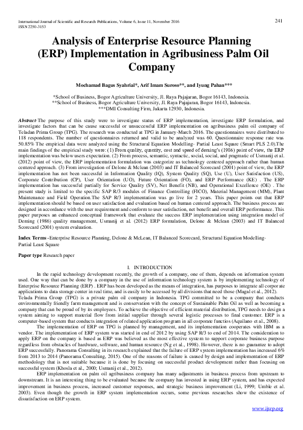 (PDF) Analysis of Enterprise Resource Planning ( ERP ) Implementation in Agribusiness Palm Oil ...
