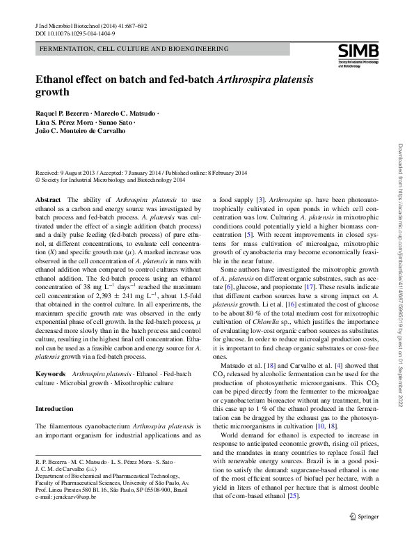 (PDF) Ethanol effect on batch and fed-batch Arthrospira platensis growth