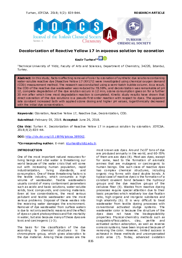 (PDF) Decolorization of Reactive Yellow 17 in aqueous solution by ...