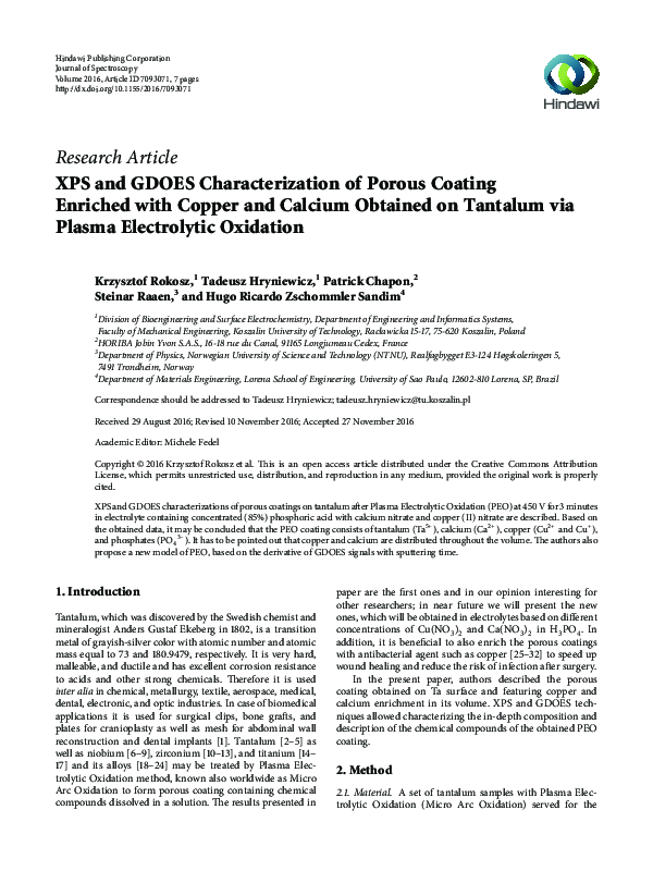 (PDF) XPS and GDOES Characterization of Porous Coating Enriched with ...