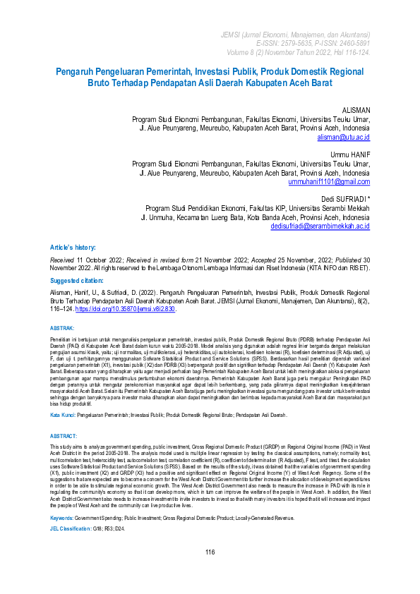 (PDF) Pengaruh Pengeluaran Pemerintah, Investasi Publik, Produk Domestik Regional Bruto Terhadap ...