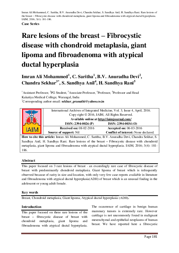 (PDF) Rare lesions of the breast – Fibrocystic disease with chondroid ...
