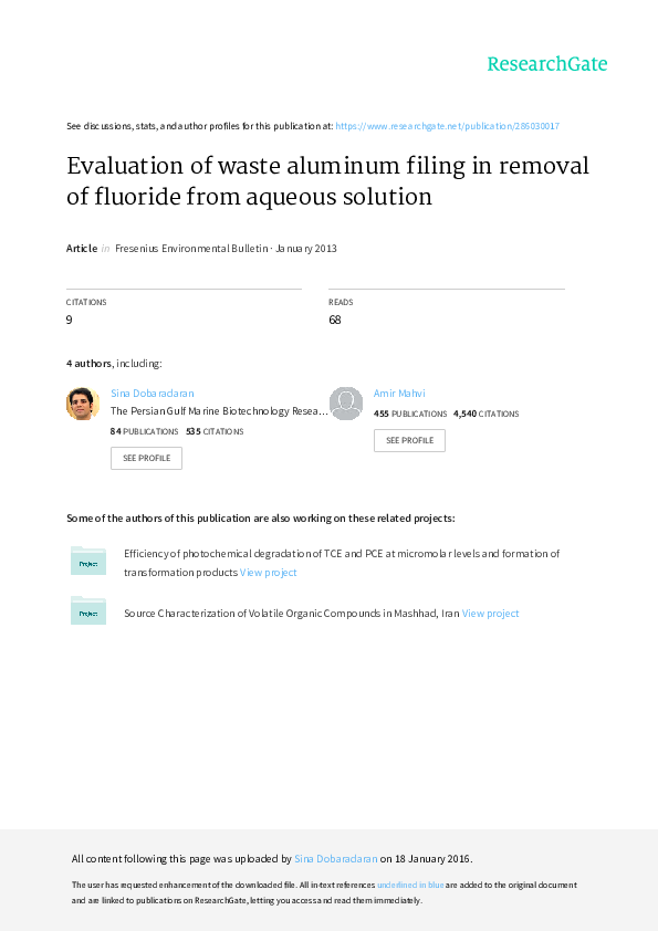 (PDF) Evaluation of waste aluminum filing in removal of fluoride from ...