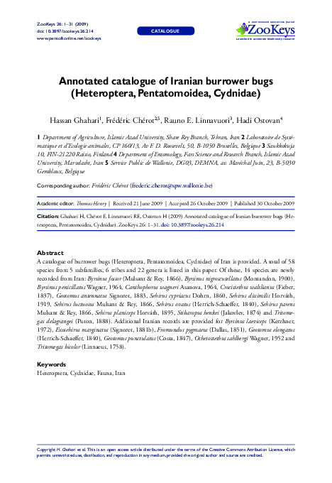 (PDF) Annotated catalogue of Iranian burrower bugs (Heteroptera, Pentatomoidea, Cydnidae)