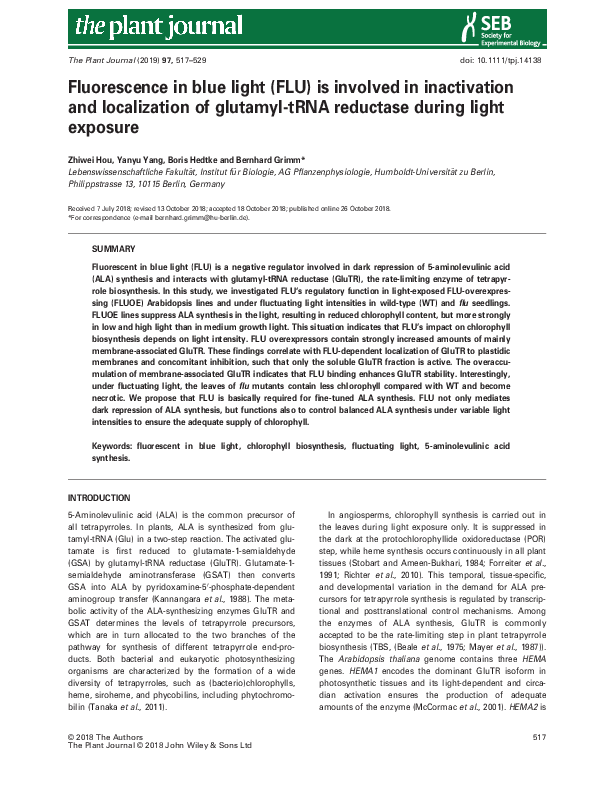 (PDF) Fluorescence in blue light (FLU) is involved in inactivation and ...