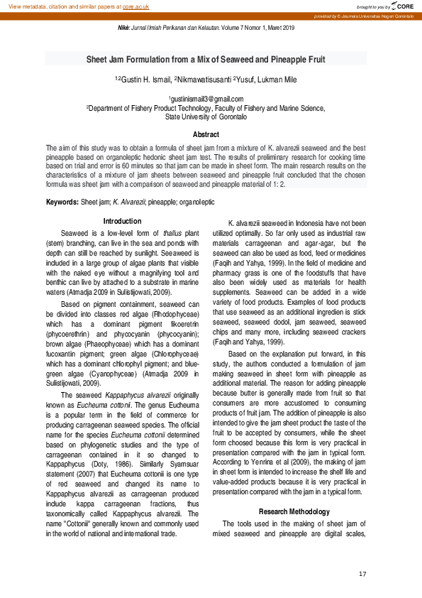 (PDF) Sheet Jam Formulation from a Mix of Seaweed and Pineapple Fruit