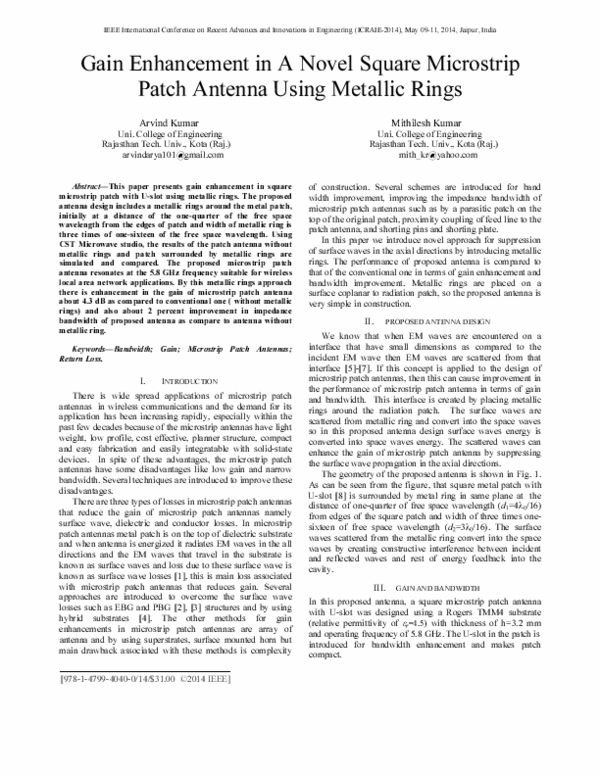 (PDF) Gain enhancement in a novel square microstrip patch antenna using ...