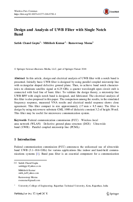 (PDF) Design and Analysis of UWB Filter with Single Notch Band