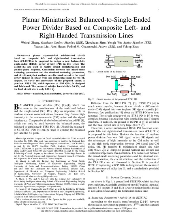 Planar Miniaturized Balanced-to-Single-Ended Power Divider Based on ...