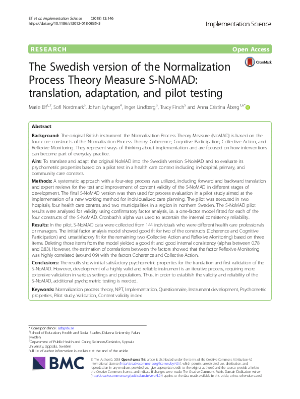 (PDF) The Swedish version of the Normalization Process Theory Measure S ...
