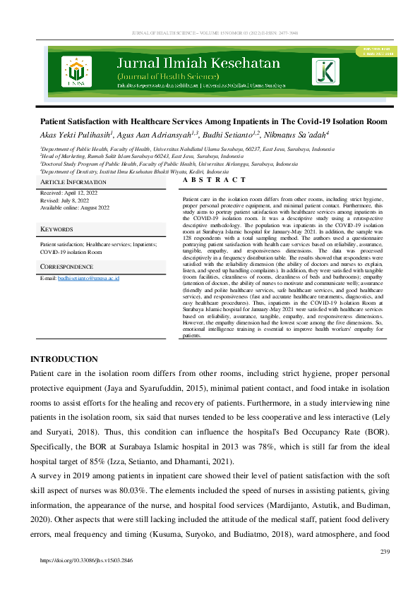 (PDF) Patient Satisfaction with Healthcare Services Among Inpatients in The Covid-19 Isolation Room