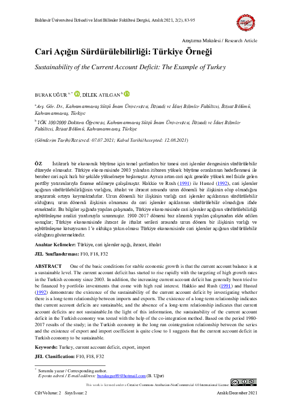(PDF) Cari Açığın Sürdürülebilirliği: Türkiye Örneği