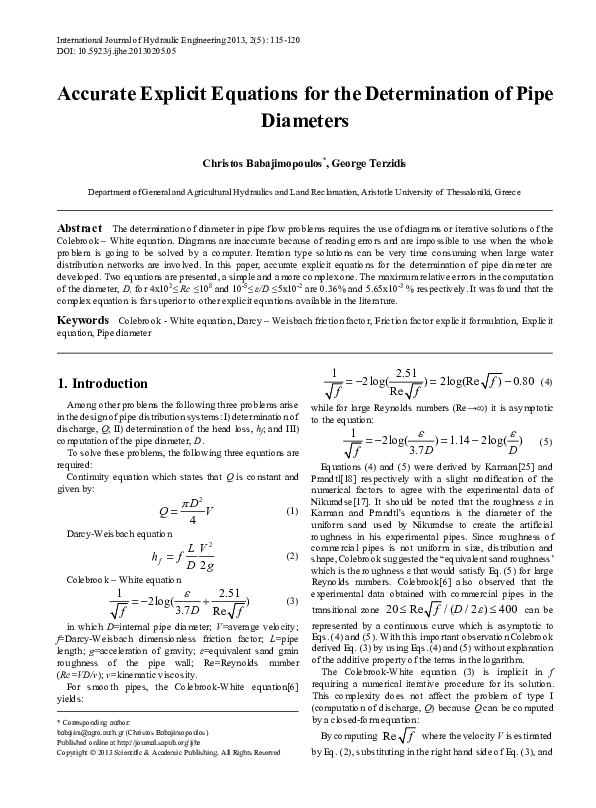 (PDF) Accurate Explicit Equations for the Determination of Pipe Diameters