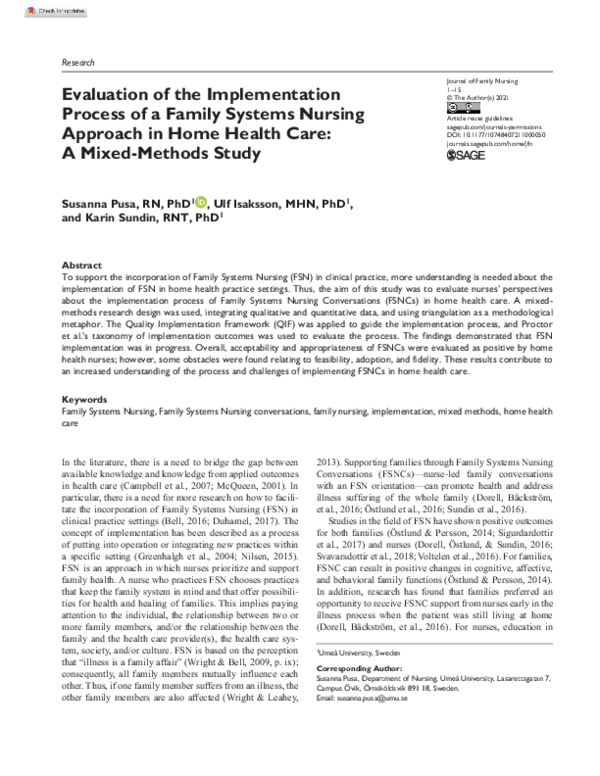 (PDF) Evaluation of the Implementation Process of a Family Systems ...
