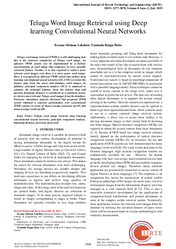Pdf Telugu Word Image Retrieval Using Deep Learning Convolutional
