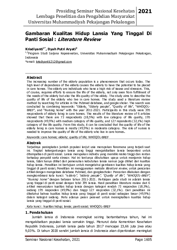 (PDF) Gambaran Kualitas Hidup Lansia Yang Tinggal Di Panti Sosial : Literature Review