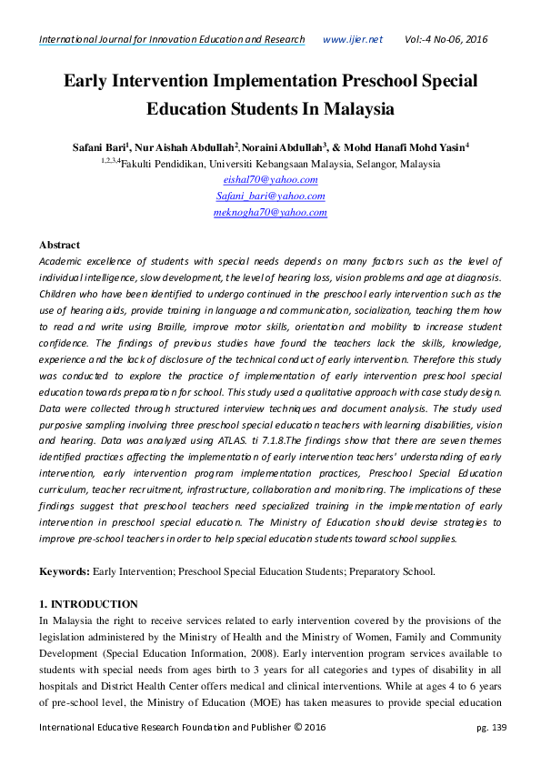 (PDF) Early Intervention Implementation Preschool Special Education ...