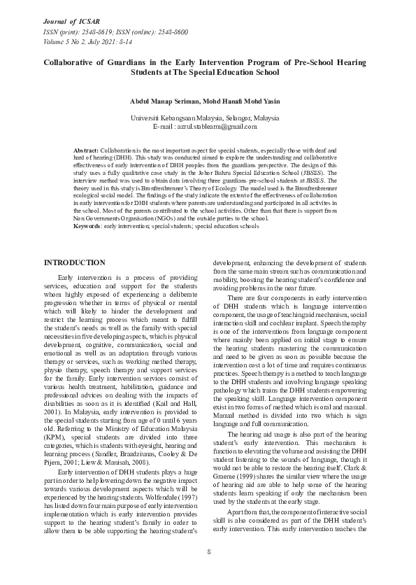 (PDF) Collaborative of Guardians in the Early Intervention Program of Pre-School Hearing ...