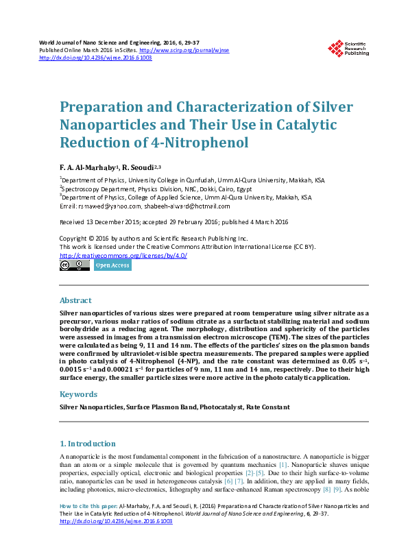(PDF) Preparation and Characterization of Silver Nanoparticles and Their Use in Catalytic ...