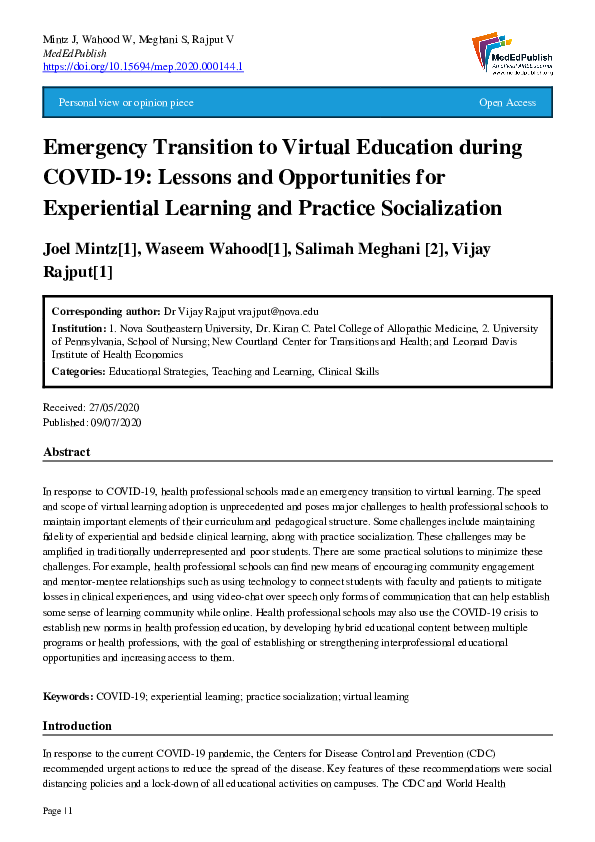(PDF) Emergency Transition to Virtual Education during COVID-19 ...