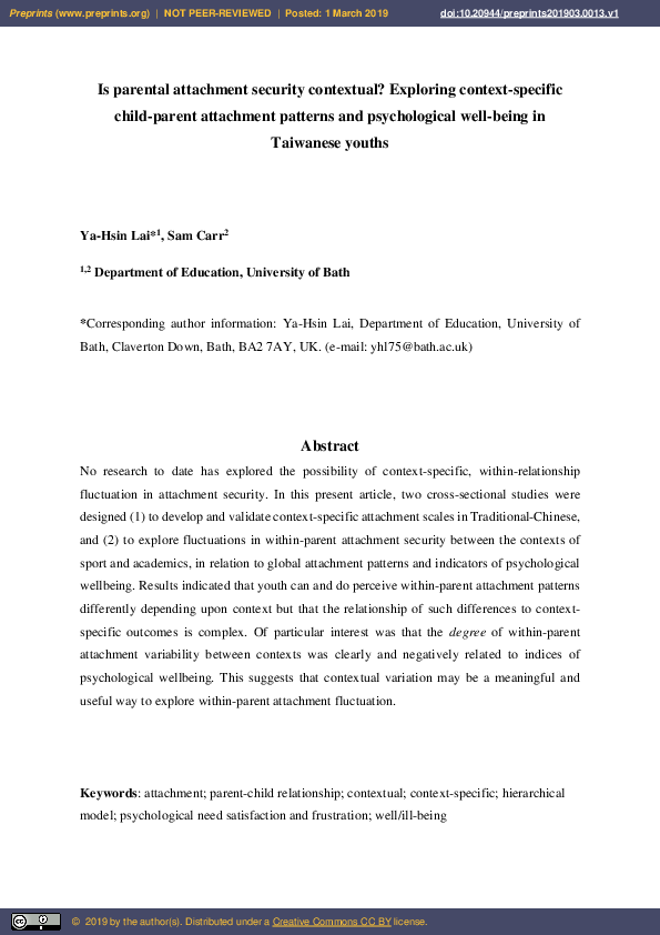 (PDF) Is Parental Attachment Security Contextual? Exploring Context-Specific Child-Parent ...