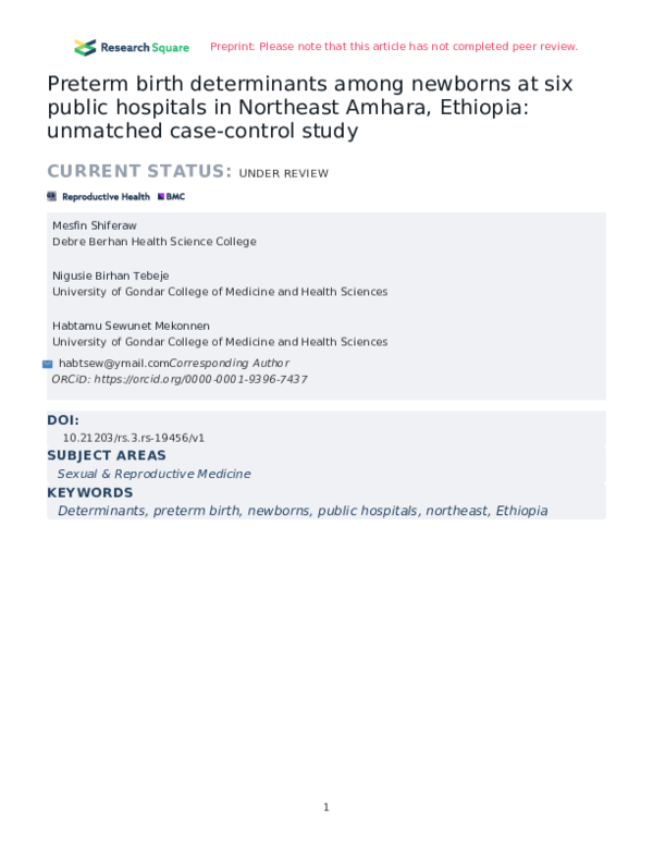 (PDF) Preterm birth determinants among newborns at six public hospitals ...