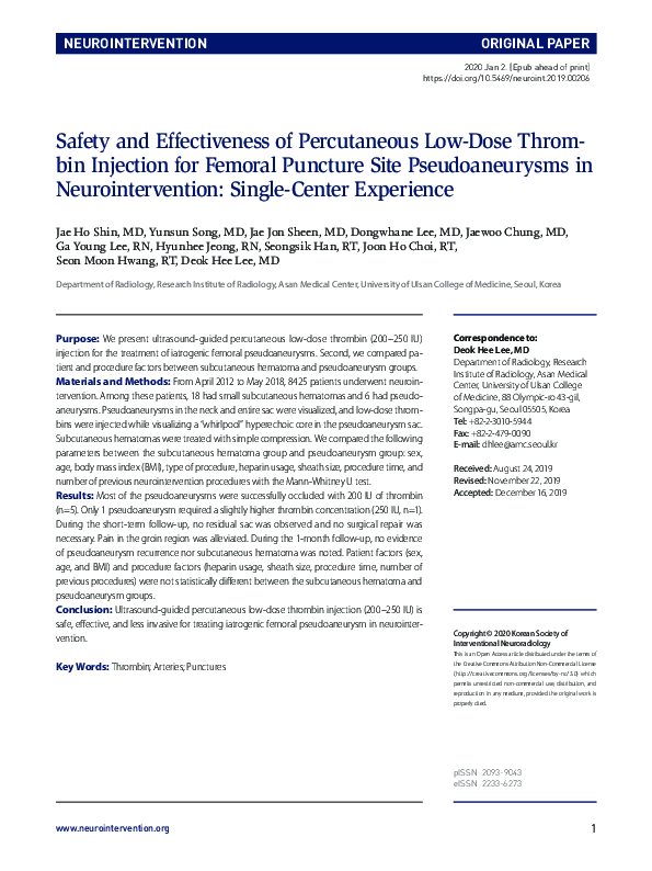 (PDF) Safety and Effectiveness of Percutaneous Low-Dose Thrombin ...