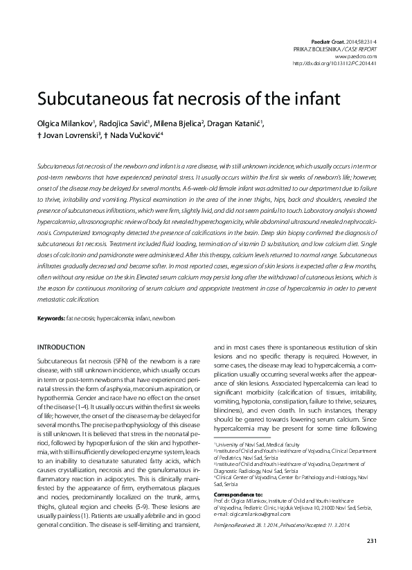Pdf Subcutaneous Fat Necrosis Of The Infant Milena Bjelica