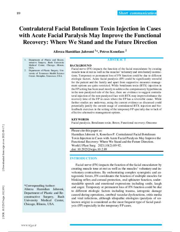 (PDF) Contralateral BTX for Acute Facial Paralysis Recovery