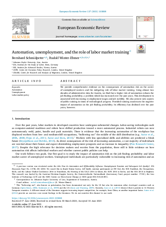 (PDF) Automation, unemployment, and the role of labor market training
