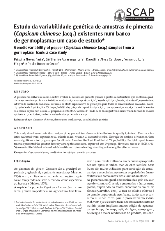 (PDF) Genetic variability of pepper (Capsicum chinense Jacq.) samples from a germoplasm bank: a ...