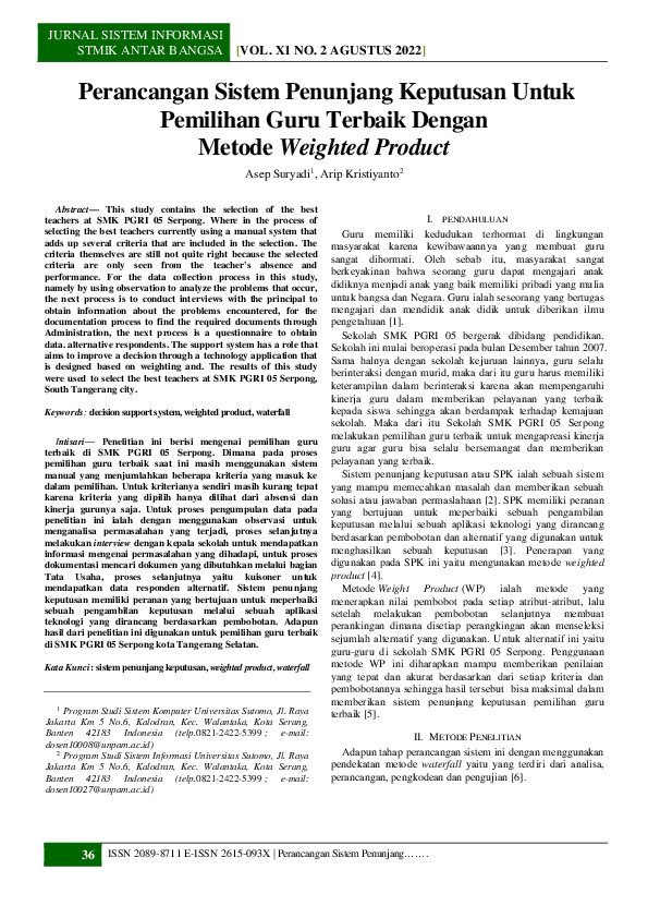 Perancangan Sistem Penunjang Keputusan Untuk Pemilihan Guru Terbaik Dengan Metode Weighted Product 