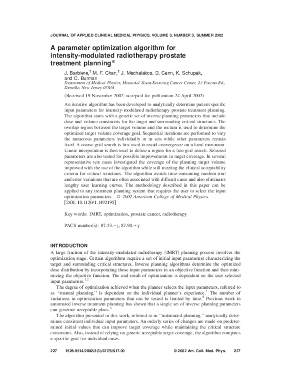 Pdf A Parameter Optimization Algorithm For Intensity Modulated