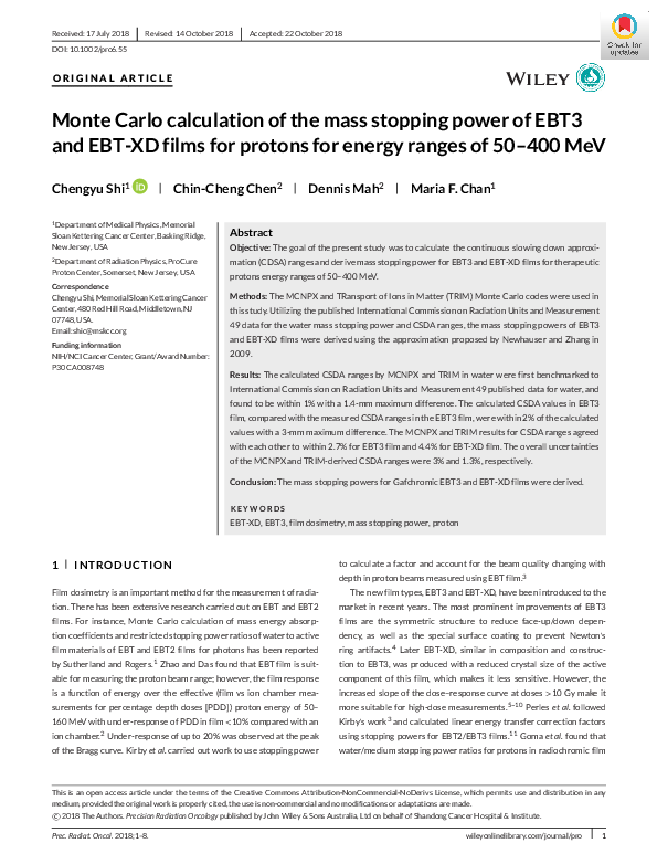 (PDF) Monte Carlo calculation of the mass stopping power of EBT3 and ...
