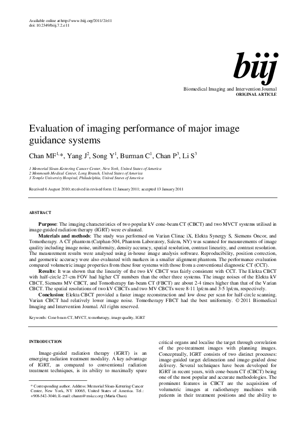 (PDF) Evaluation of imaging performance of major image guidance systems
