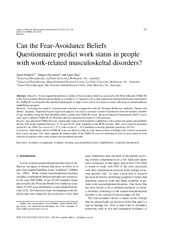 (PDF) Can the fear-avoidance beliefs questionnaire predict work status ...