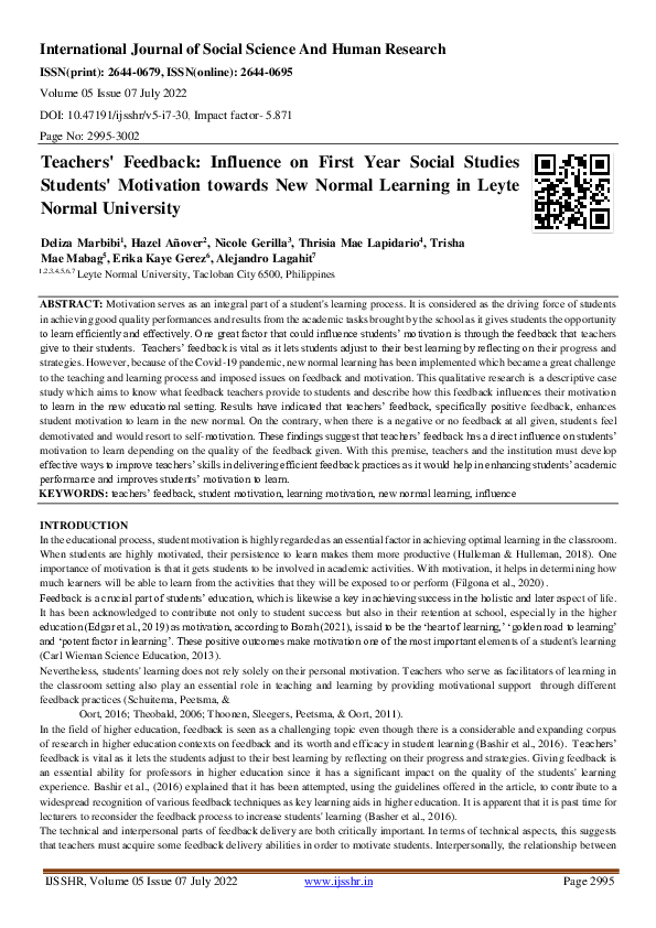 (PDF) Teachers' Feedback: Influence on First Year Social Studies Students' Motivation towards ...