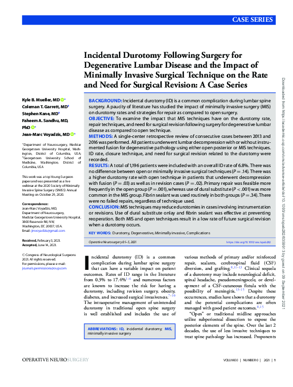 (PDF) Incidental Durotomy Following Surgery for Degenerative Lumbar ...