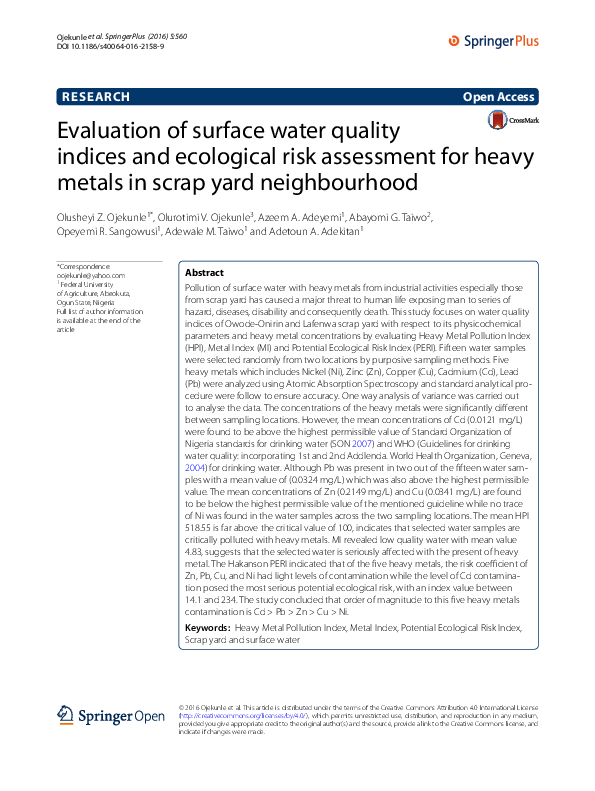 Pdf Evaluation Of Surface Water Quality Indices And Ecological Risk Assessment For Heavy