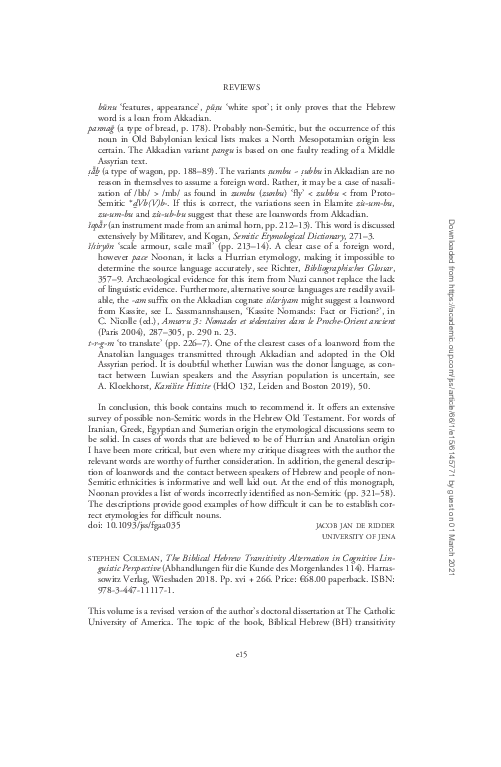 (PDF) Review of Stephen Coleman, The Biblical Hebrew Transitivity ...