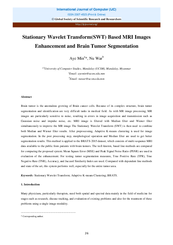 Pdf Stationary Wavelet Transform Swt Based Mri Images Enhancement And Brain Tumor Segmentation