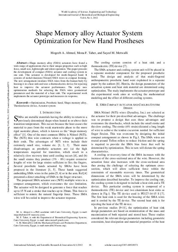 (PDF) Shape Memory Alloy Actuator System Optimization For New Hand Prostheses