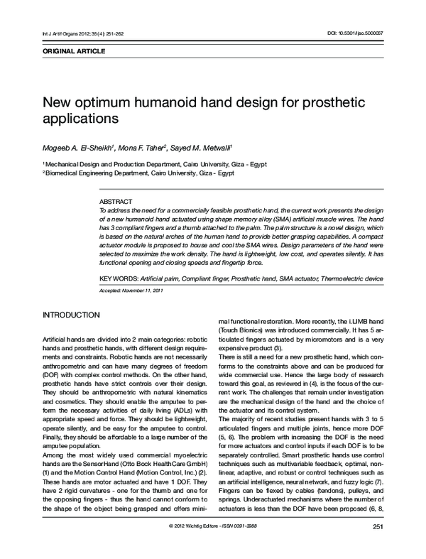 (PDF) New optimum humanoid hand design for prosthetic applications