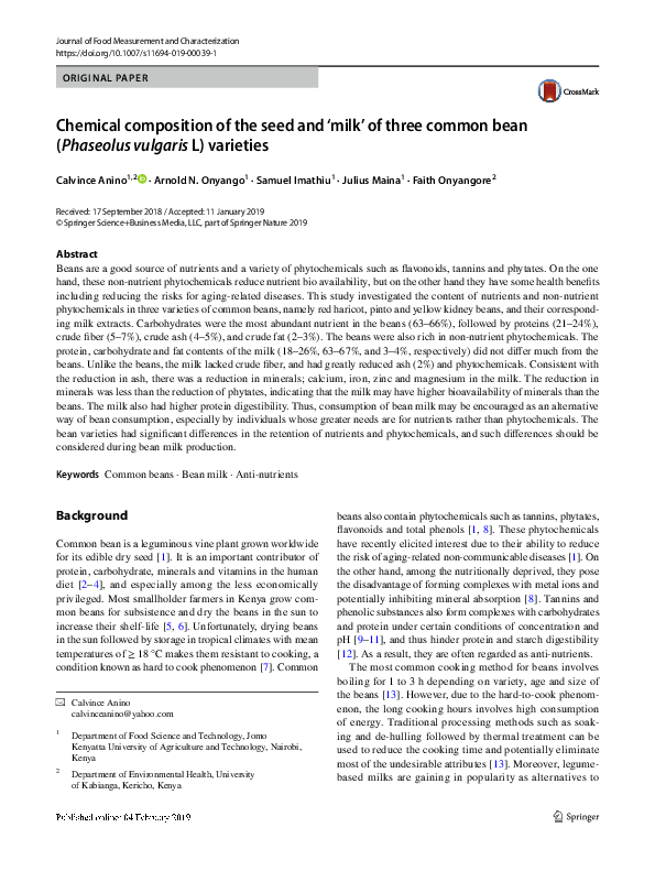 (PDF) Chemical composition of the seed and ‘milk’ of three common bean (Phaseolus vulgaris L ...